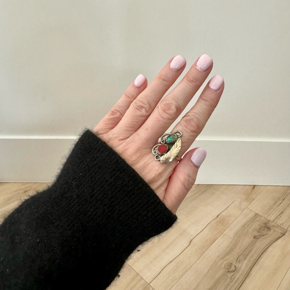 Genuine Turquoise And Red Coral, Sterling Silver Ring… - Gem